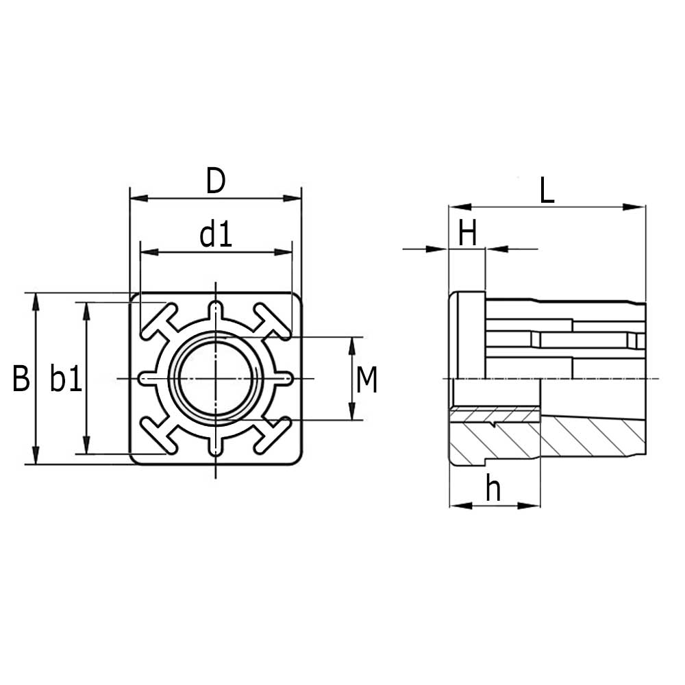 Heavy duty tube inserts with threaded bush - square - verpas