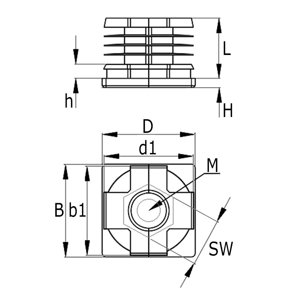 Split-rib tube inserts (2-part) with separate nut, square - verpas