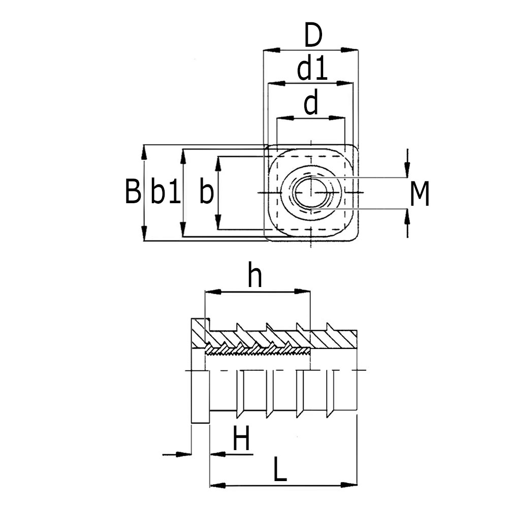 Tube inserts with threaded metal bush for attaching castors – square