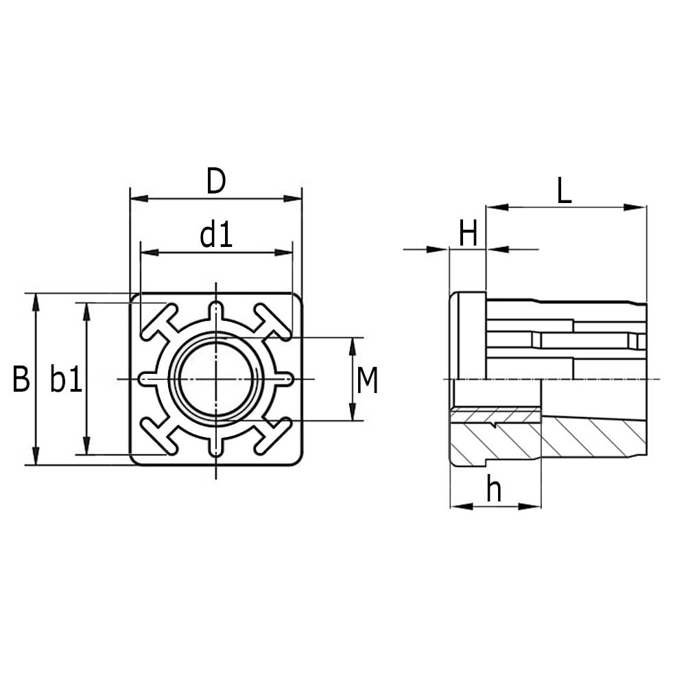 Heavy duty tube inserts with threaded bush - rectangular - verpas
