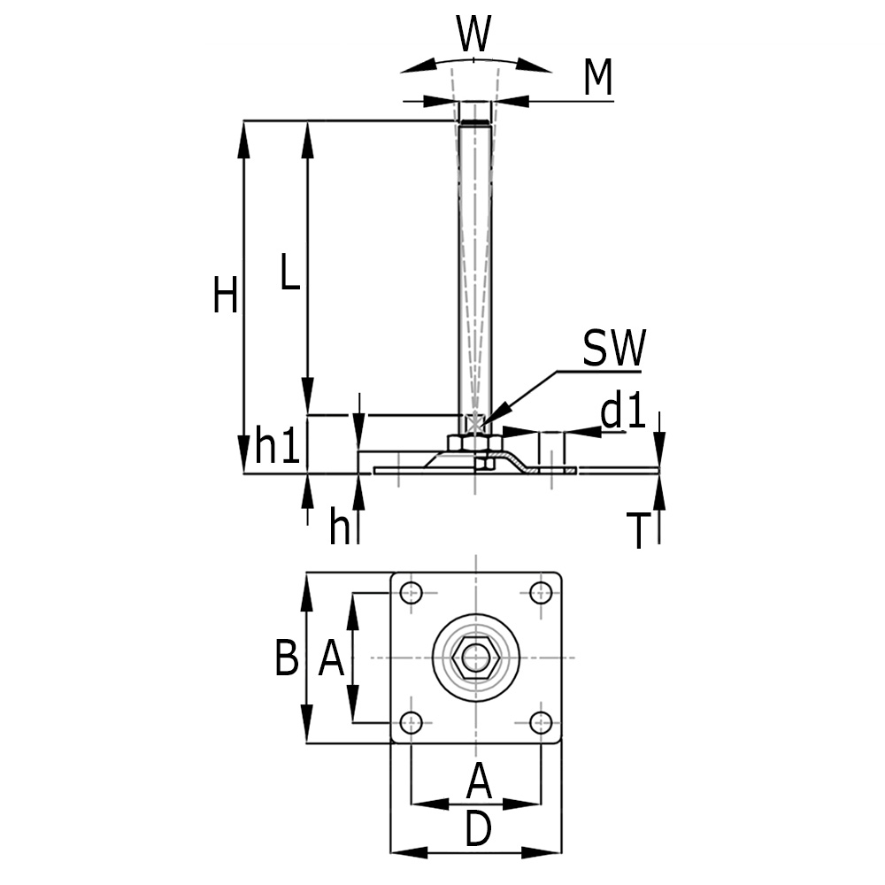 Levelling foot with square galvanised steel base - with fixing holes