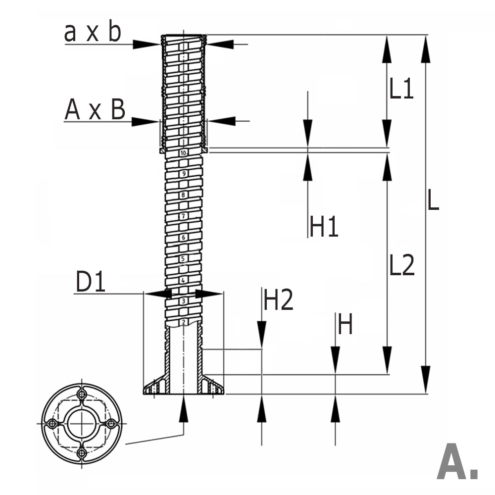 Height-adjustable inserts for 50 x 50 mm and 60 x 60 mm box-section pro