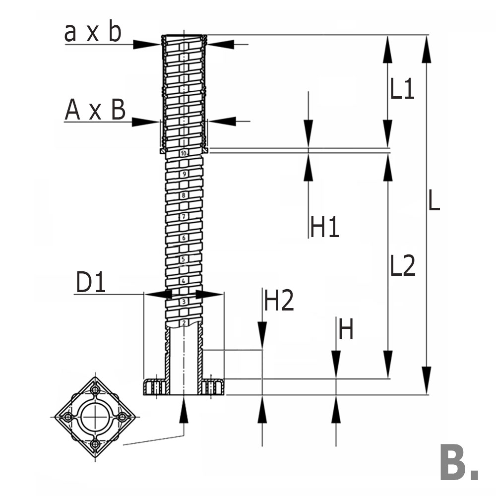 Height-adjustable inserts for 50 x 50 mm and 60 x 60 mm box-section pro