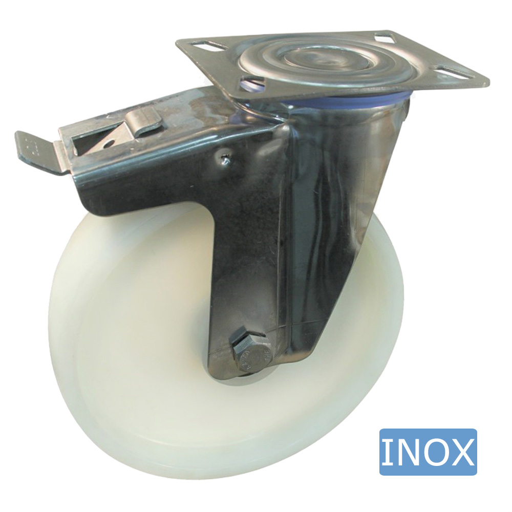 Stainless steel swivel castor with brake – mounting plate - polyamide w