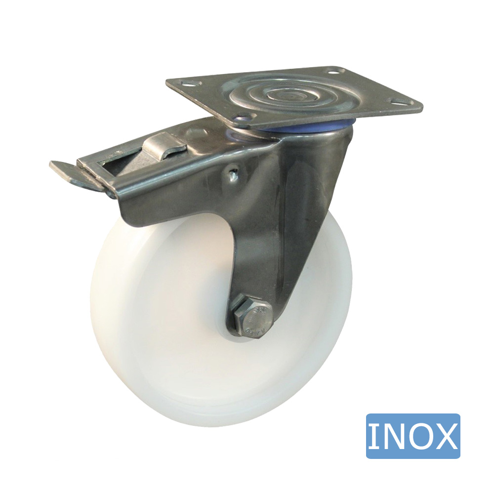 Stainless steel swivel castor with brake – mounting plate - polyamide w